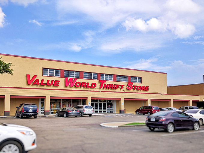 Value World's expansive storefront hints at the vast inventory inside. That's a lot of square footage dedicated to amazing deals!