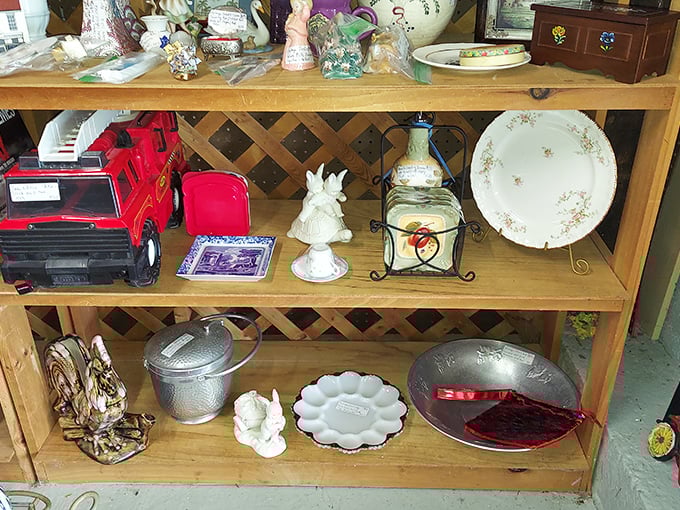 Indoor flea market paradise where fluorescent lights reveal treasures hiding in every corner and aisle. 