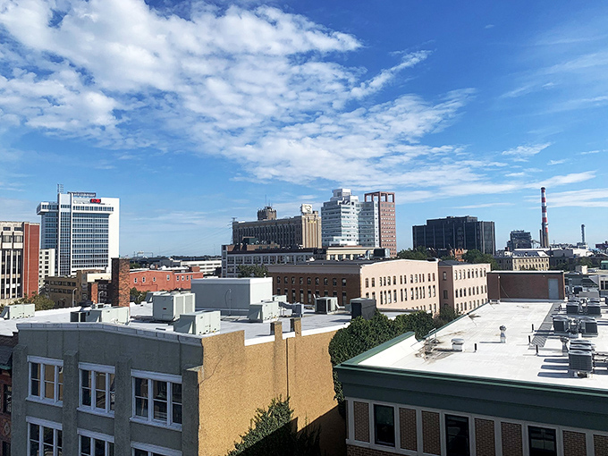 The view across Bridgeport's downtown park showcases the city's mix of historic and contemporary buildings.