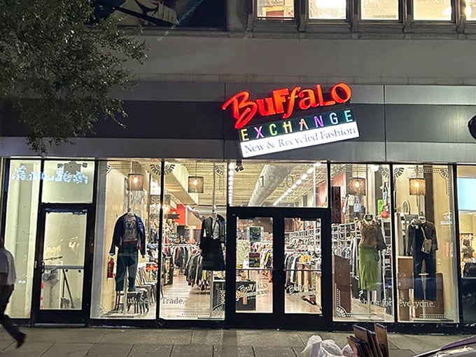 Night or day, Buffalo Exchange's glowing storefront promises trendy treasures that won't break the bank.