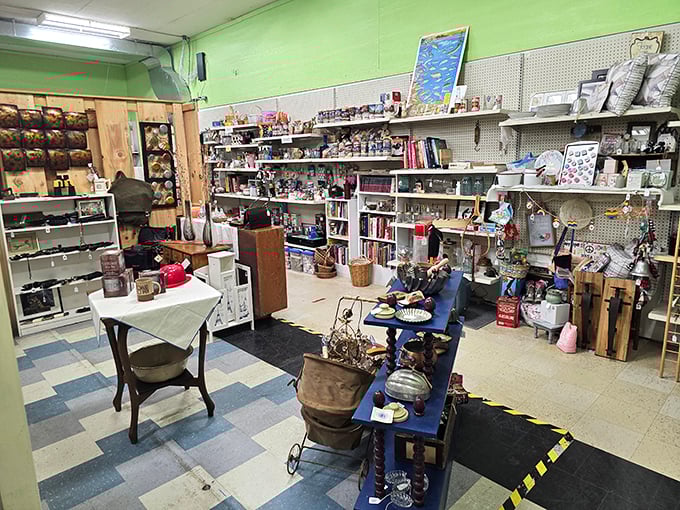 Inside Crazy Frank's, the checkerboard floor leads you through a wonderland where vintage treasures await at every turn.