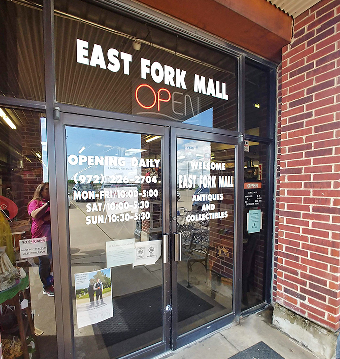 The glass doors of East Fork Mall offer a glimpse into a world where the past is always present and always for sale. 