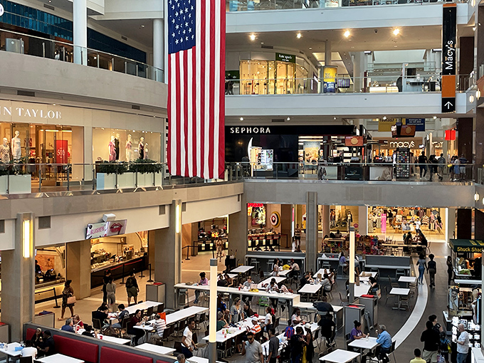 The multi-level marvel of Pentagon City, where that massive American flag reminds you this is shopping with patriotic purpose. The food court below beckons tired feet.