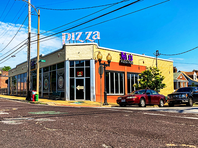 The bold "PIZZA" sign leaves no room for confusion &ndash; this corner of St. Louis is serious about its pies.