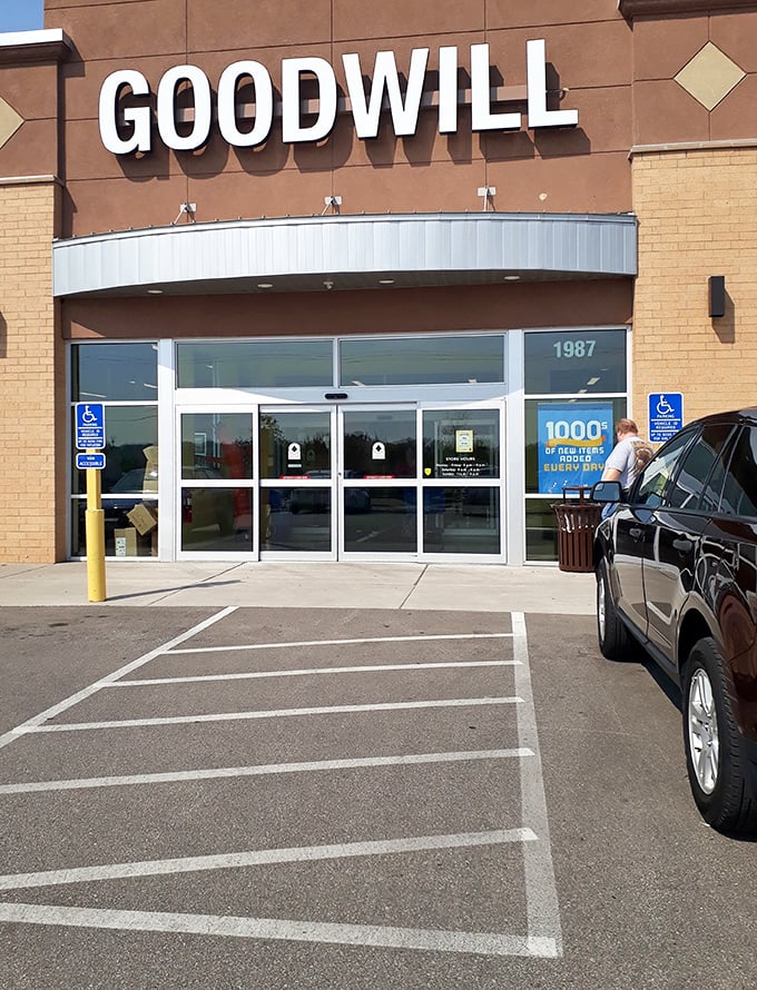 The welcoming entrance of Goodwill on Scott Road&mdash;where one person's castoffs become another's conversation pieces.
