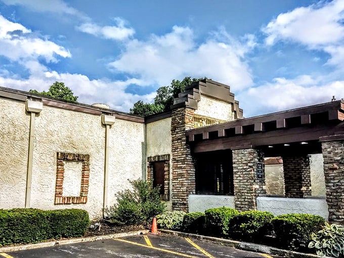 Cream and brown geometric patterns announce your arrival at steak nirvana &ndash; where calories don't count and flavor reigns supreme.