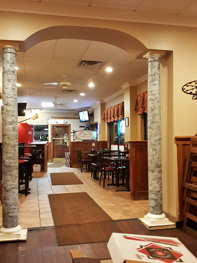 Those marble columns inside LaBella Pizza add unexpected elegance, like finding out your favorite uncle speaks four languages.