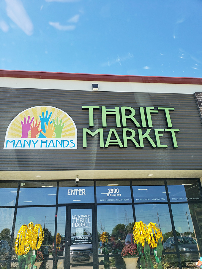 Sunshine and savings! The colorful logo hints at the rainbow of possibilities waiting just beyond those glass doors.