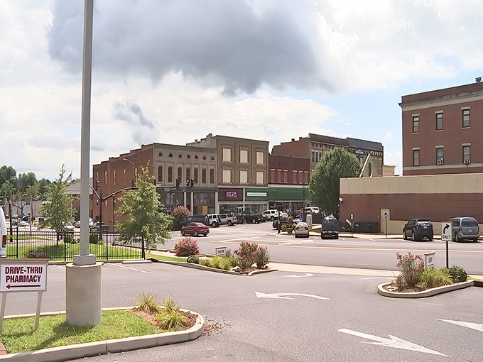 Sunlight bathes Mayfield's downtown in golden warmth, highlighting a community where healthcare and affordability coexist beautifully.