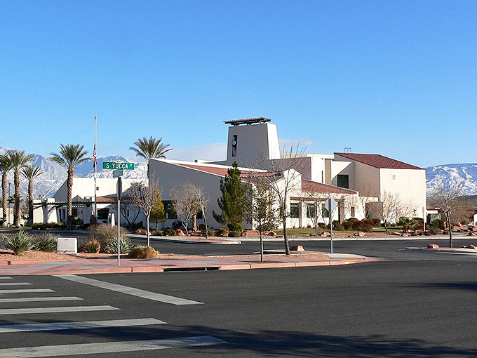 Mesquite's health center plaza stands ready to serve, with palm trees and mountains creating a resort feel at non-resort prices.