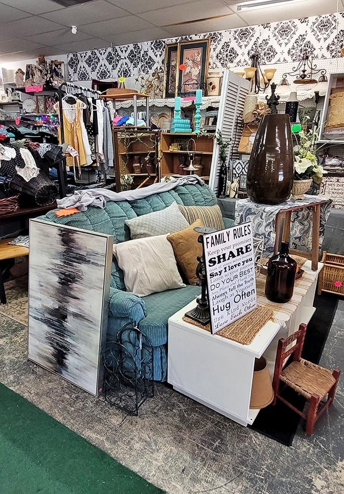 That teal couch isn't just comfortable &ndash; it's a statement piece waiting to tell new stories in your living room.