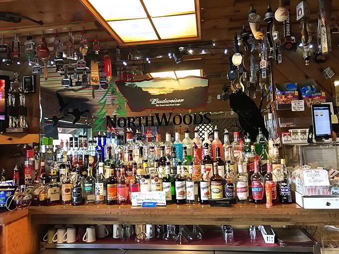 Behind this rustic bar awaits a selection that would make any cocktail enthusiast smile. The perfect prelude to Northwoods' legendary steaks.