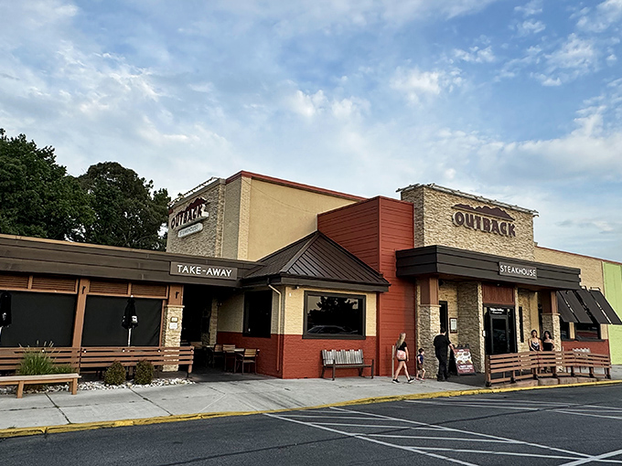 The Aussie-themed steakhouse that conquered America stands ready to serve. That stone exterior hides a world of bloomin' deliciousness.