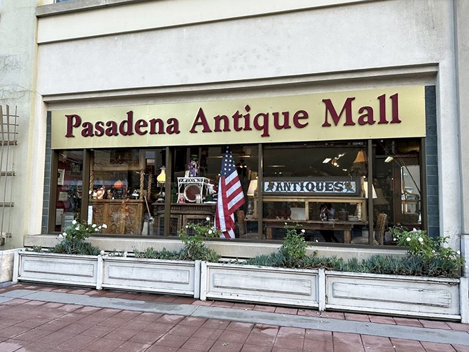 Window shopping at Pasadena Antique Mall &ndash; where vintage Americana meets California elegance behind pristine glass.