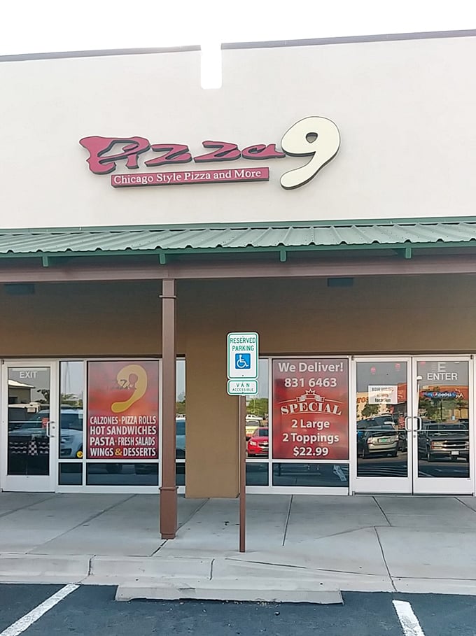 Pizza 9's daytime fa&ccedil;ade may look humble, but that sign promises Chicago-style glory. Sometimes the best treasures come in plain packages.