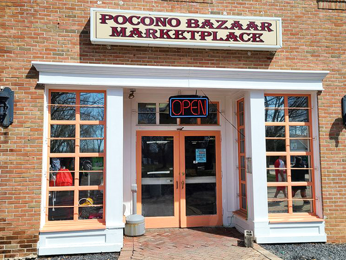 The Pocono promise of treasures! This brick entrance welcomes shoppers to a marketplace filled with unexpected discoveries.