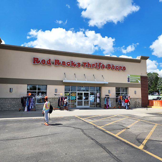 Red Racks under blue skies&mdash;a perfect day for treasure hunting. Those outdoor racks are just appetizers for the feast inside.