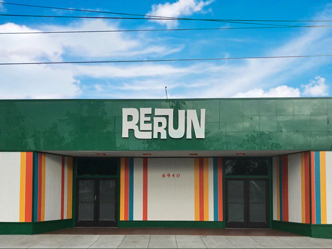 Sunshine highlights Rerun's distinctive signage - a portal to mid-century treasures and vintage delights.