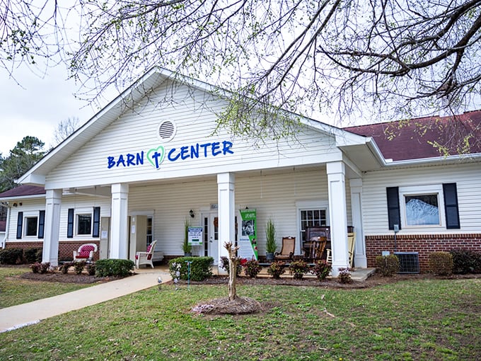 A blue awning signals the entrance to bargain paradise, where one person's donations become another's treasured finds.