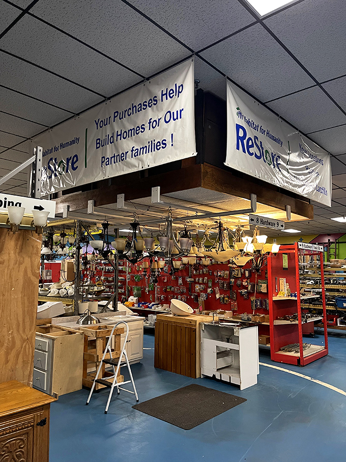 Light fixtures hanging like industrial jewelry above shelves of hardware &ndash; one person's leftovers become another's perfect match.