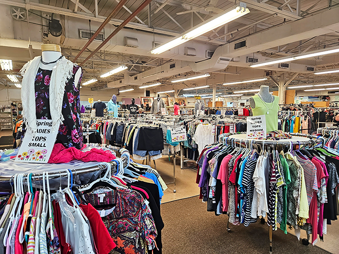 Mannequins showcase seasonal finds amid a sea of clothing racks&mdash;silent salespeople in this bargain hunter's paradise.