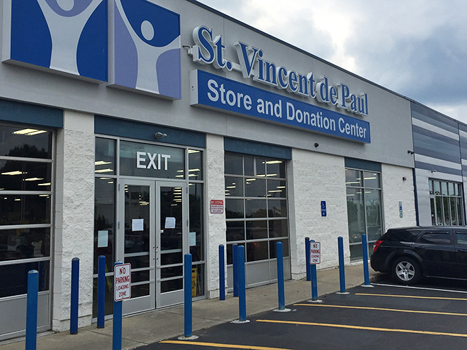 The welcoming entrance to St. Vincent de Paul, where your shopping dollars stretch like yoga instructors and help the community too.