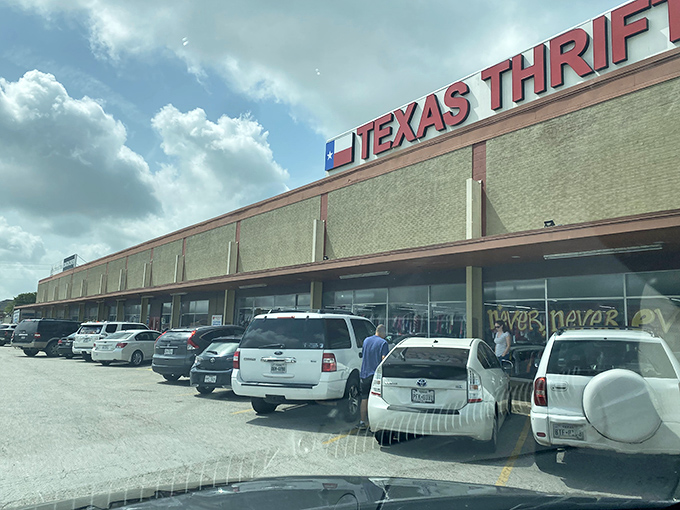 The Texas Thrift sign stands proud against a brilliant blue sky. A cathedral of secondhand treasures awaits the faithful!