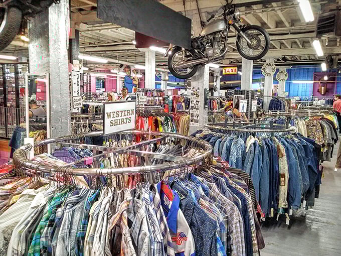 Vintage treasures hang from every available space—a clothing museum where you can take the exhibits home!