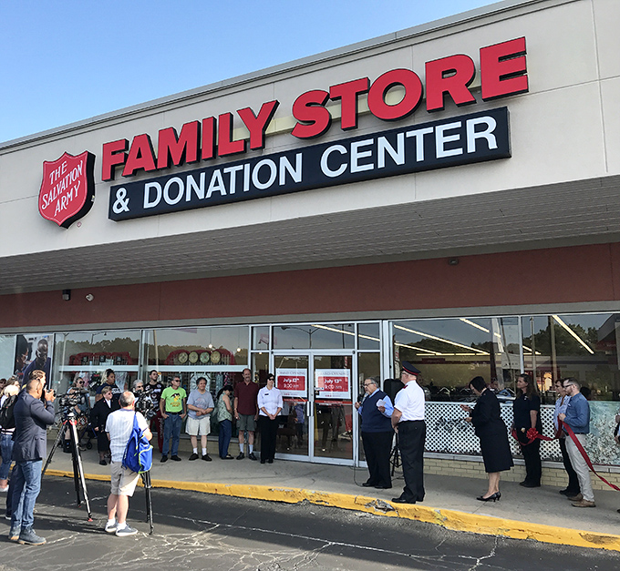 A gathering outside the Salvation Army store&mdash;perhaps a grand opening or special event where thrift meets community spirit.