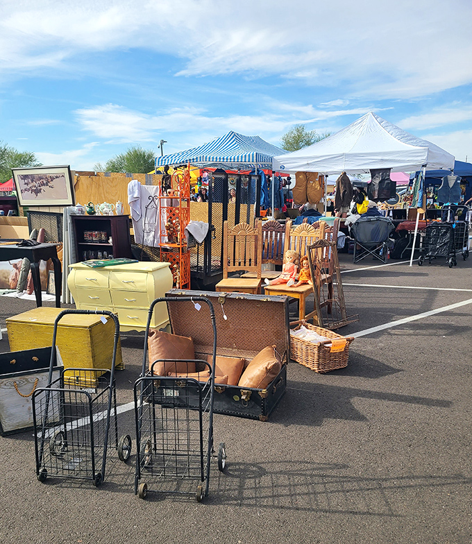 Vintage furniture awaits new homes at Thieves Market. That yellow dresser? Straight out of your grandmother's wildest decorating dreams!
