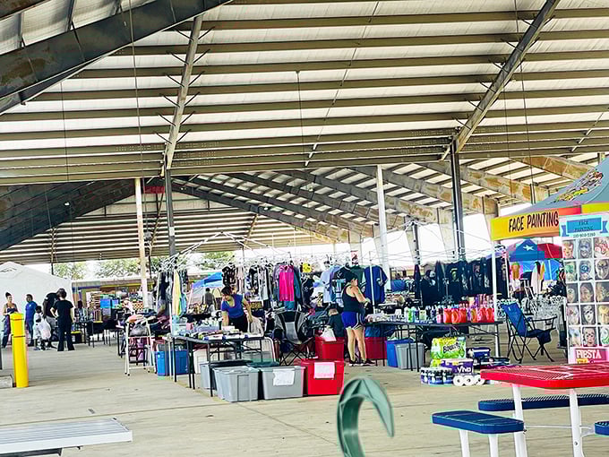 Bright awnings create a festival atmosphere where shopping feels more like a fiesta than a chore.