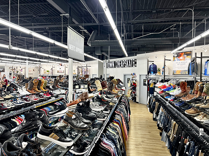 The shoe selection alone is worth the trip. Boots, sneakers, and dress shoes line up like soldiers ready for their next mission.