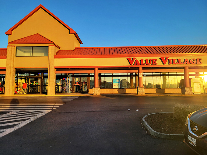Morning light transforms Value Village into a golden palace of possibility. Those yellow walls practically radiate with thrifting potential.