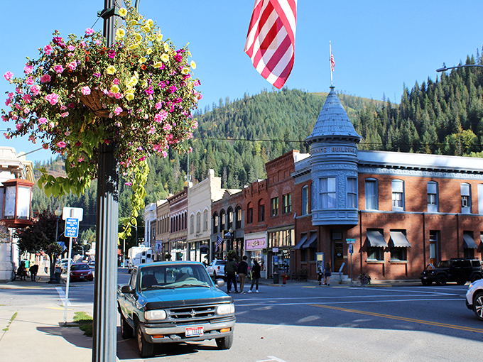 Hanging flower baskets add splashes of color to Wallace's perfectly preserved historic main street.