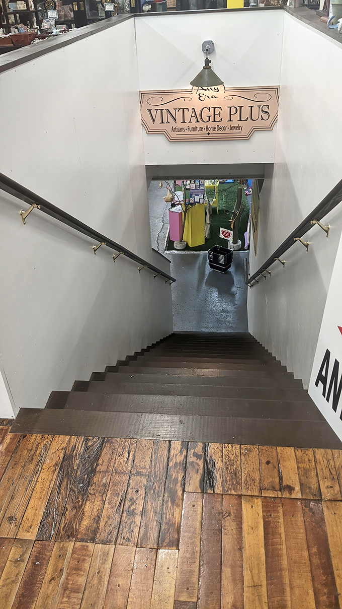 Like Alice falling down the rabbit hole, these stairs lead to a wonderland where "Downstairs Any Era" isn't just a sign&mdash;it's a promise.