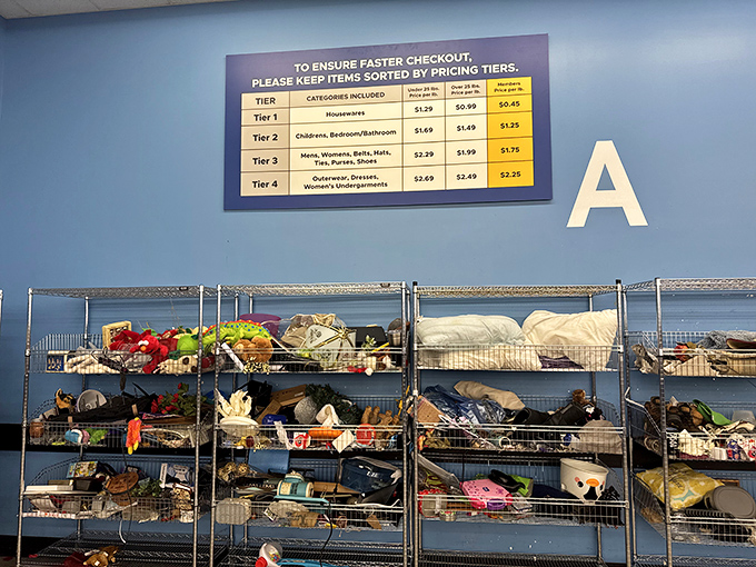 Metal shelves lined with housewares tell silent stories of dinner parties past and kitchen adventures yet to come.