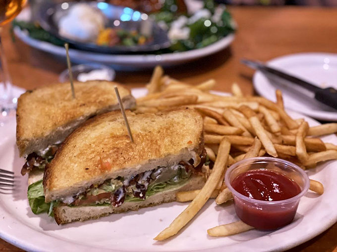 The humble sandwich, elevated to gourmet status. Golden-toasted bread embracing its fillings like old friends, with fries standing at crispy attention nearby.