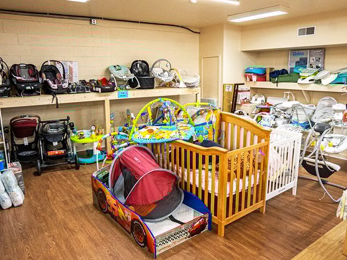 Baby gear galore! Everything from car-shaped beds to practical cribs, because kids outgrow everything faster than you can say "I just bought this last month."