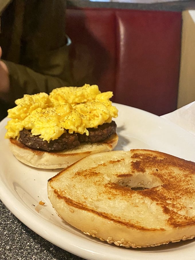 The breakfast sandwich&mdash;civilization's greatest contribution to mornings&mdash;paired with a perfectly toasted bagel that's ready for its close-up.