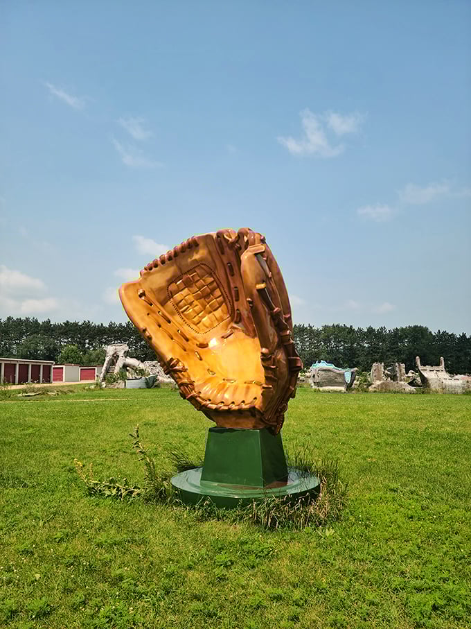 Field of Dreams meets fiberglass fantasy. This giant baseball mitt waits eternally for a catch that will never come, Wisconsin's quirky monument to America's pastime.