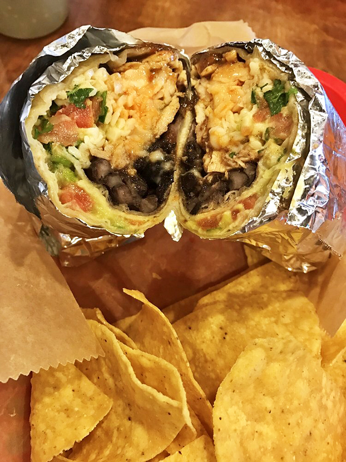 Cut in half to reveal its secrets, this burrito displays the perfect cross-section of ingredients&mdash;a delicious geology lesson worth studying up close.