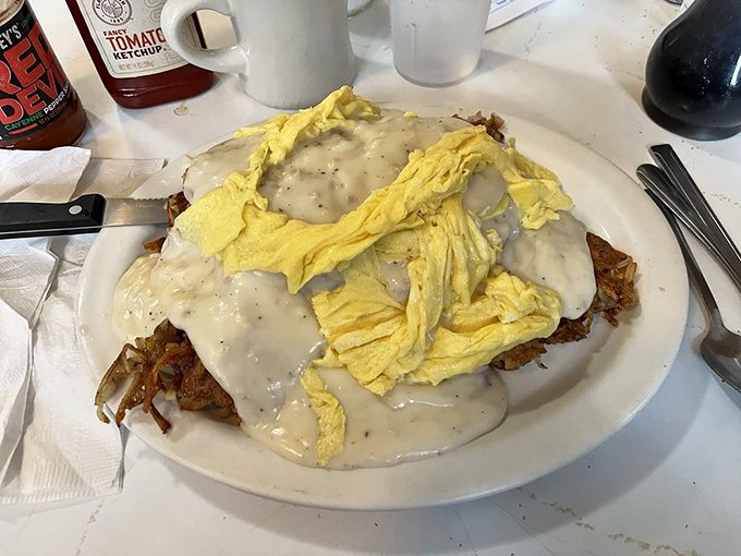 This isn't just breakfast&mdash;it's architecture. Layers of hash browns, eggs, and gravy creating the Taj Mahal of morning sustenance.