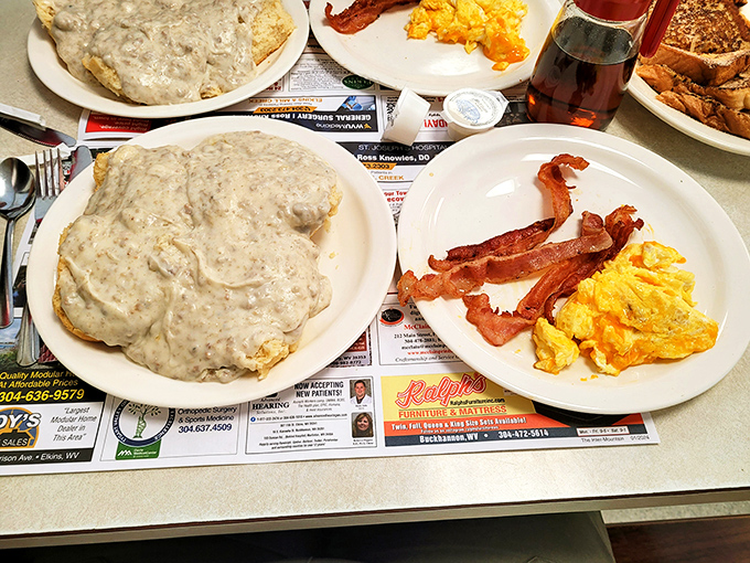 Biscuits and gravy so good they deserve their own ZIP code. This plate has comforted more souls than a country music ballad.