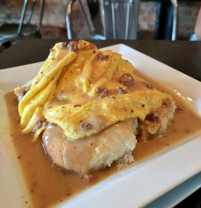 Biscuits and gravy reimagined with eggs that make you question why you ever settled for lesser breakfasts. Comfort food that's dressed for success.