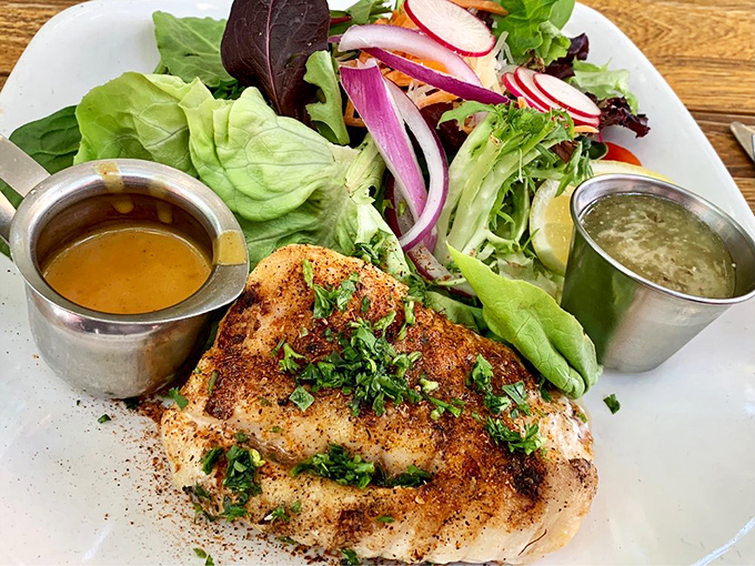 The blackened grouper brings Florida waters to your plate, perfectly seasoned and nestled beside fresh greens. Two sauces create a choose-your-own-adventure for each bite.