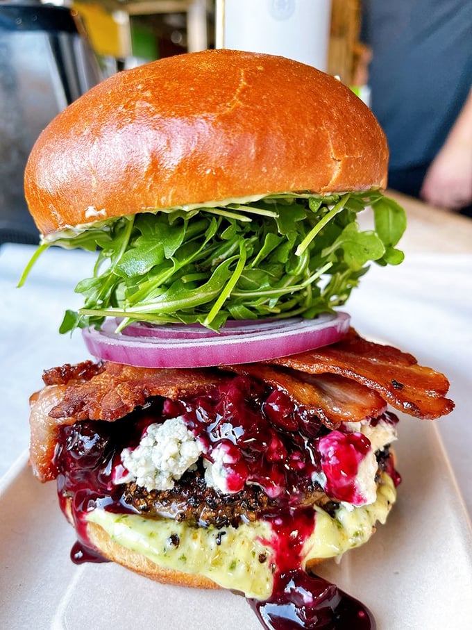 The Blueberry Bacon Blue Cheese Burger—a culinary mad scientist's dream that somehow works like The Beatles at their experimental best.