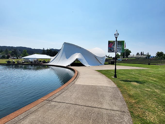 This graceful white pavilion beside tranquil waters looks like it's auditioning for a destination wedding magazine&mdash;or perhaps a small-town remake of "The Great Gatsby."