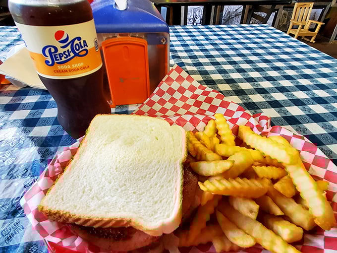 Simple pleasures done right&mdash;white bread, crinkle-cut fries, and a cold Pepsi on a blue-checked tablecloth. Sometimes perfection needs no embellishment.