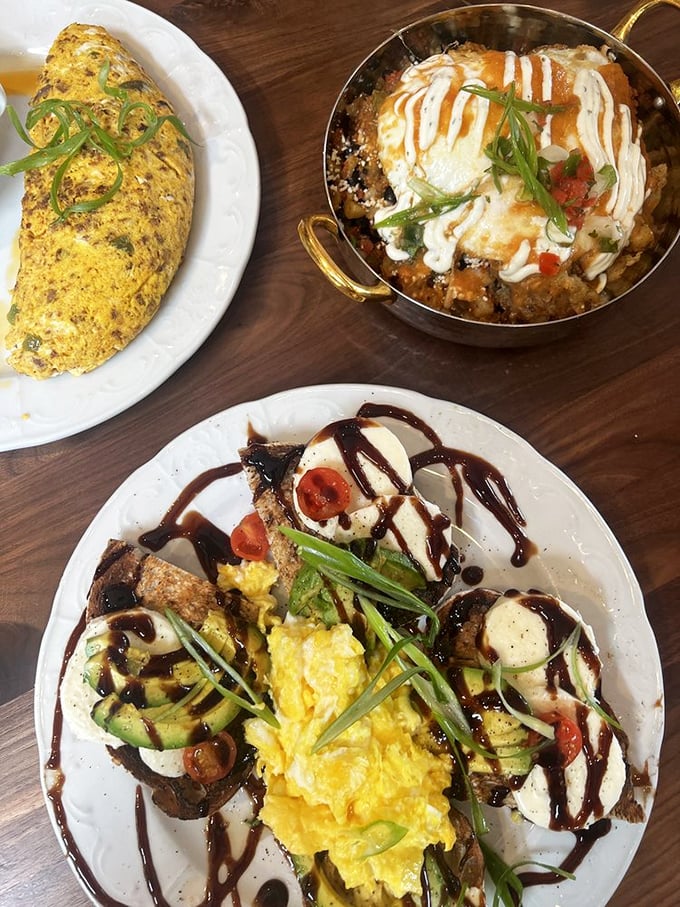 Breakfast artistry on full display&mdash;where eggs aren't just ingredients but the star performers in a morning symphony of flavor.