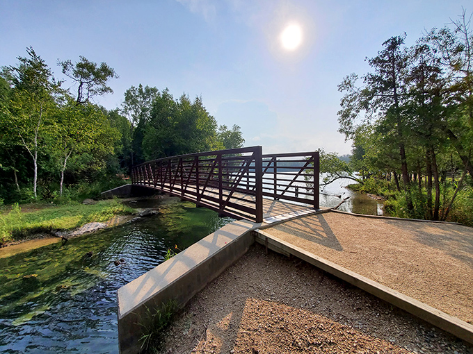 Crossing this bridge feels like stepping into a storybook setting. The kind of place where you half-expect woodland creatures to start singing.